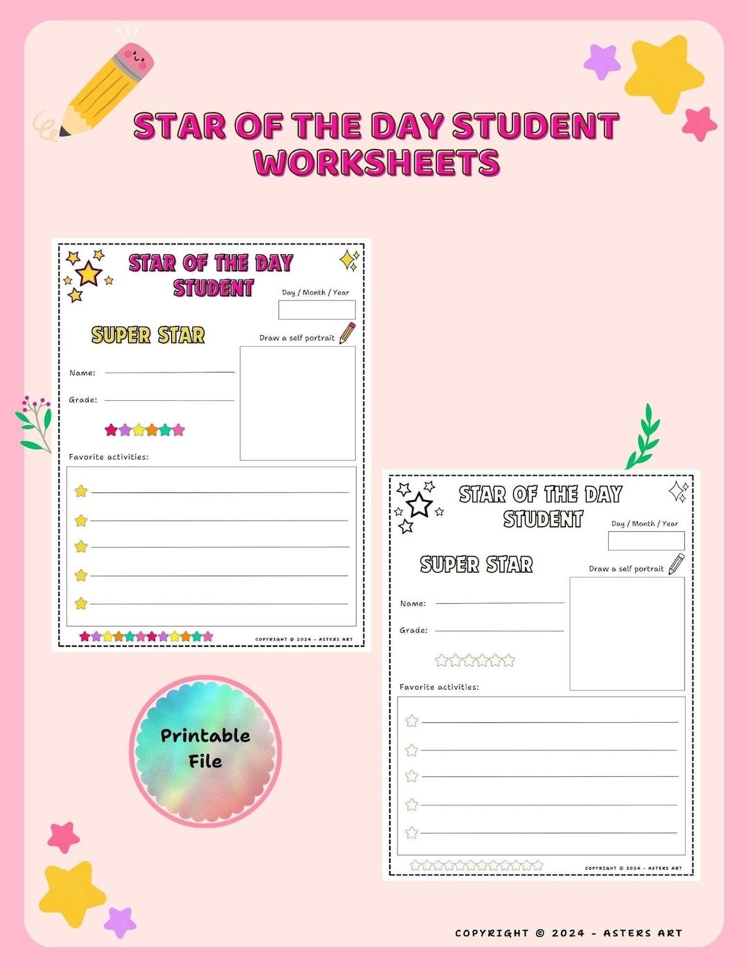 Star of the Day, Week, & Year Student Worksheets for Preschool, Pre-k ...