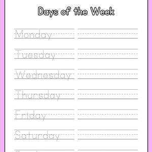 Days of the Week Tracing & Writing Worksheets for Preschool, Pre-k ...