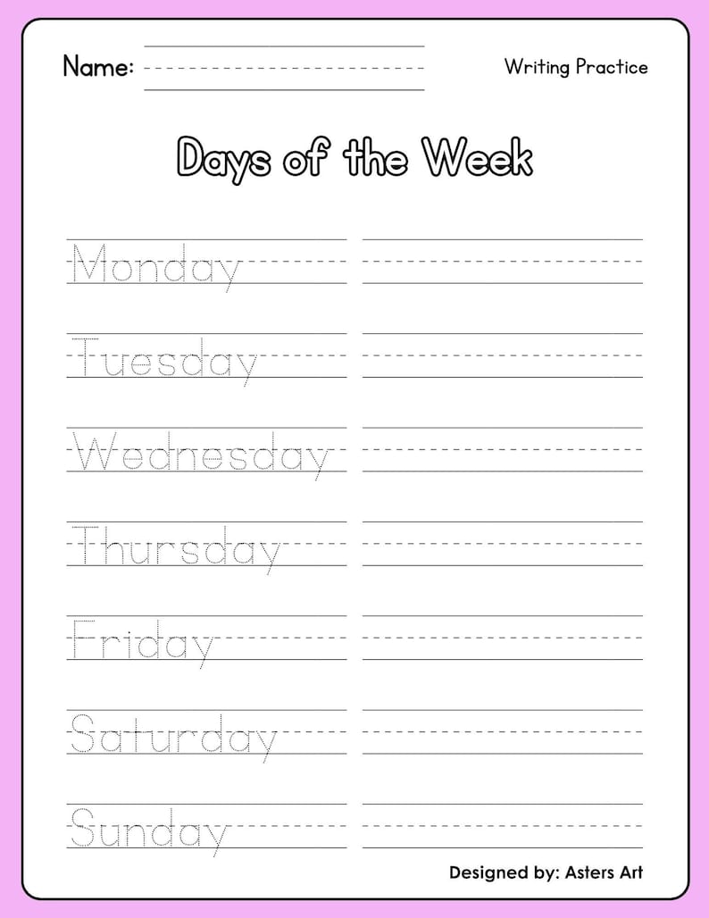 Days of the Week Tracing & Writing Worksheets for Preschool, Pre-k ...