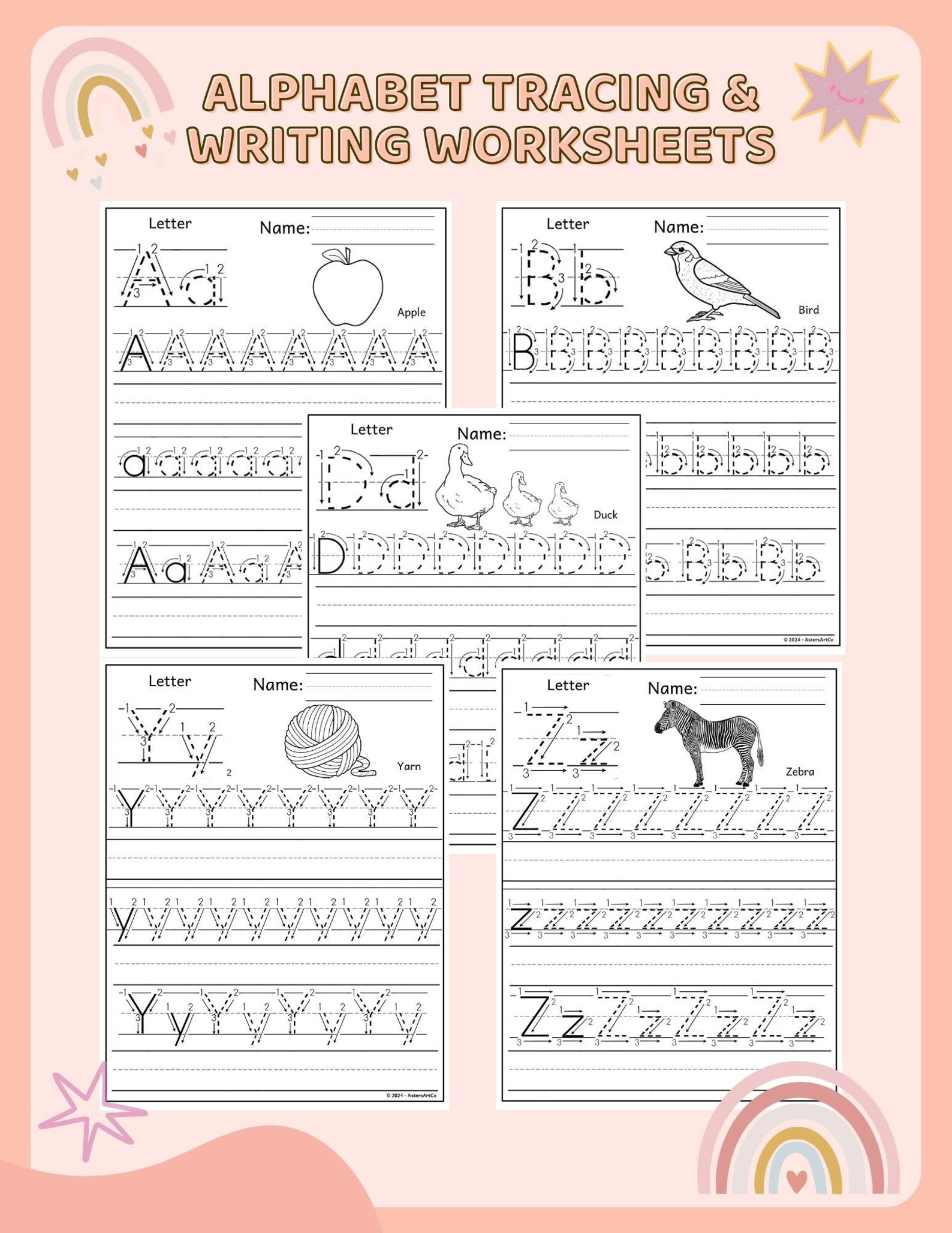 Alphabet Tracing & Writing Worksheets From A to Z, Preschool, Pre-k ...