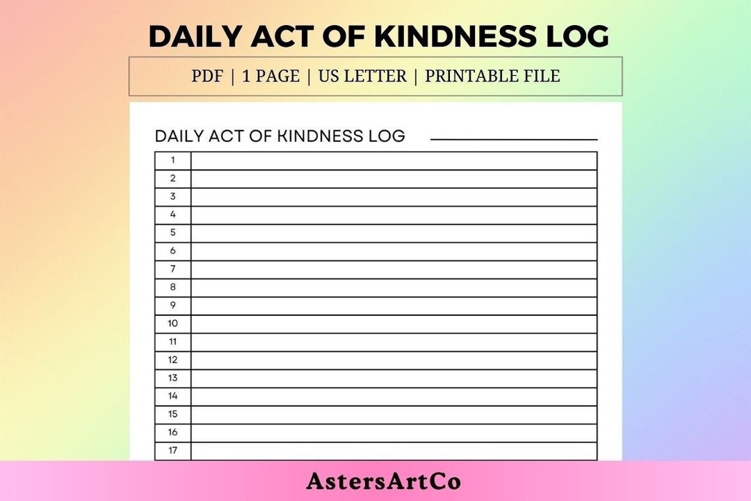 Daily Act of Kindness Log: Printable Digital Instant Download - Etsy
