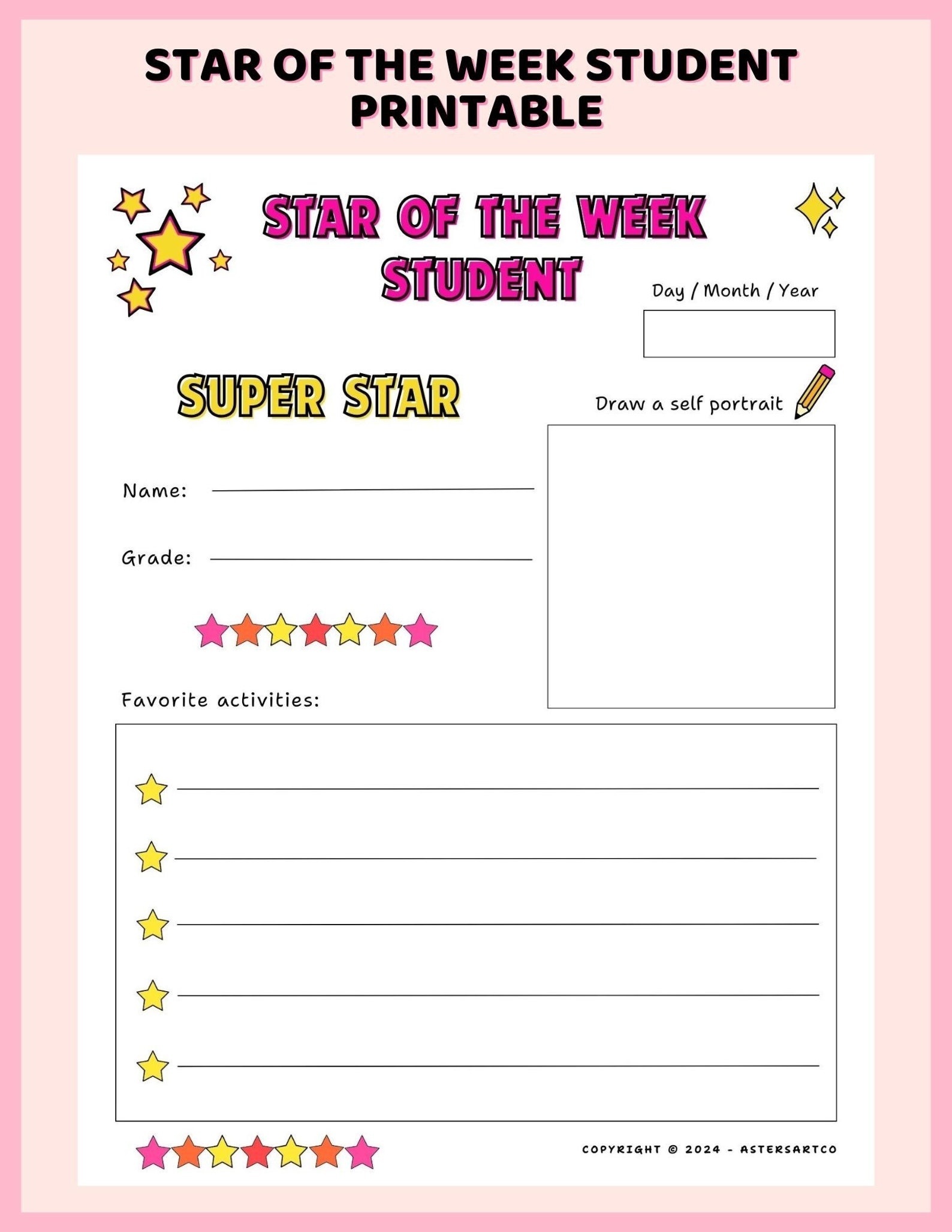 Star of the Day, Week, & Year Student Worksheets for Preschool, Pre-k ...