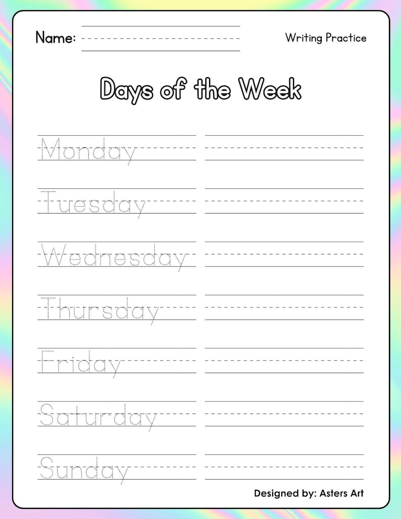 Days of the Week Tracing & Writing Worksheets for Preschool, Pre-k ...