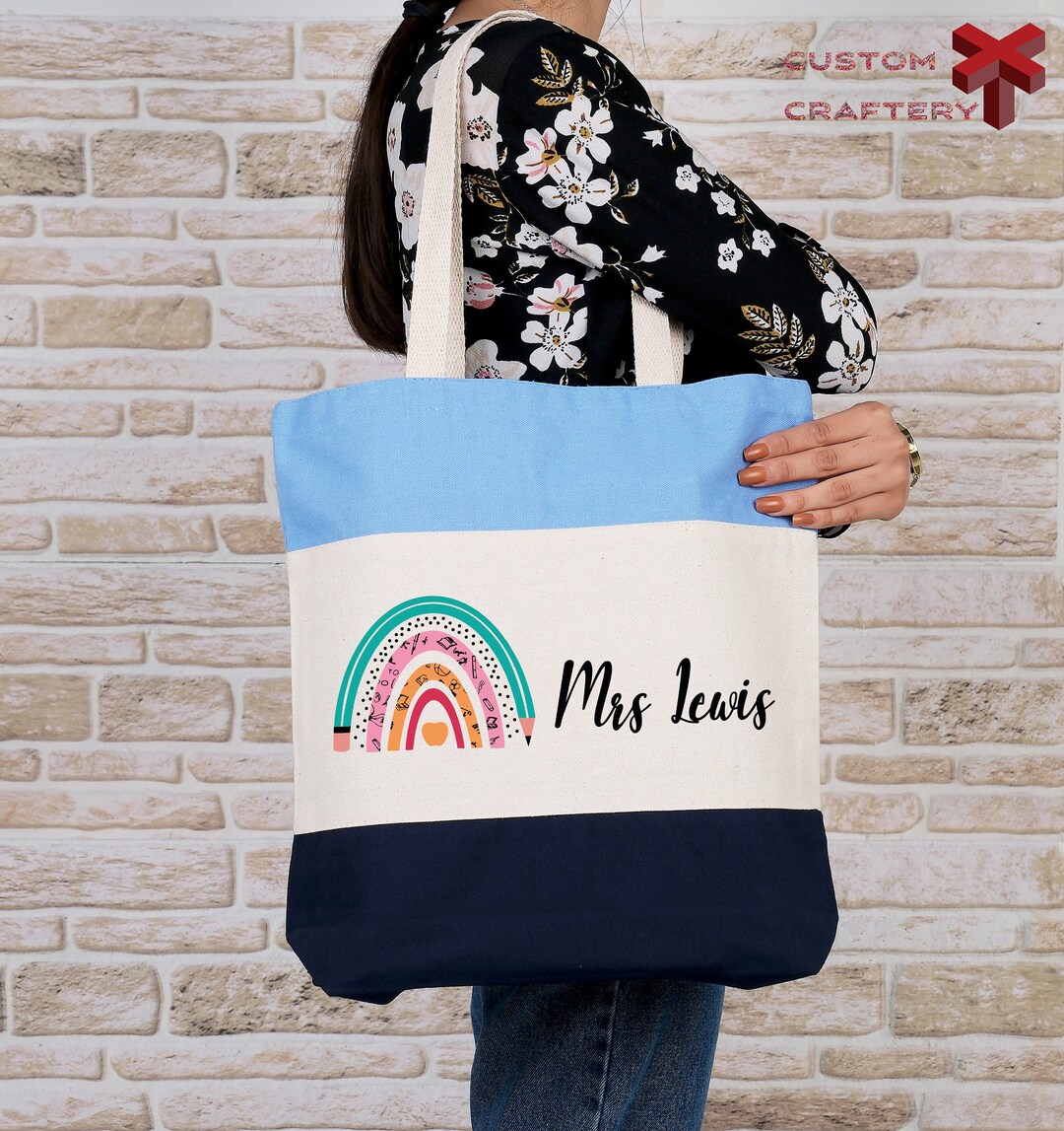 Custom Teacher Rainbow Tri Color Tote Bag,personalize Name Teacher Tote ...