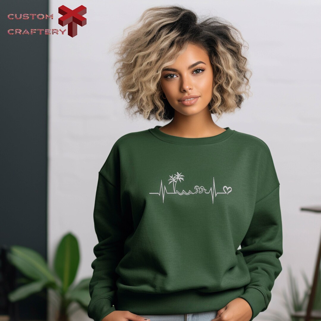 Waves Heart Frequency Embroidered Sweater, Beach Heartbeat Embroider ...