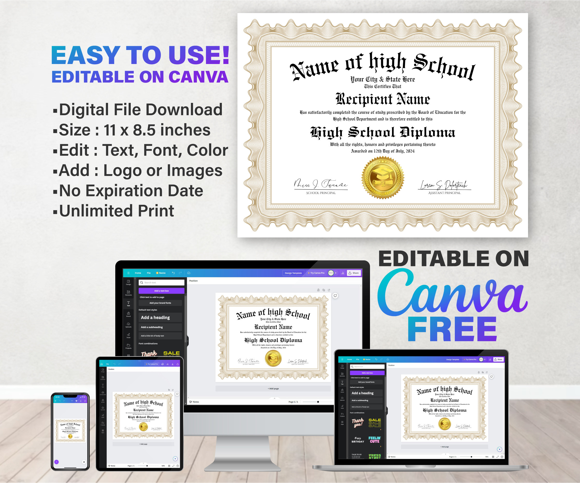 Editable High School Diploma, Home School Diploma, Editable Template on ...