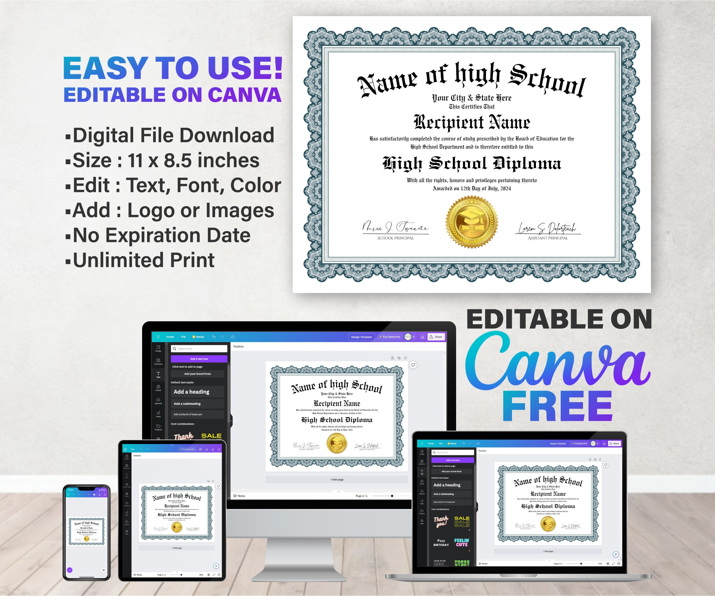 Home School Diploma, High School Diploma, Editable Template on Canva ...