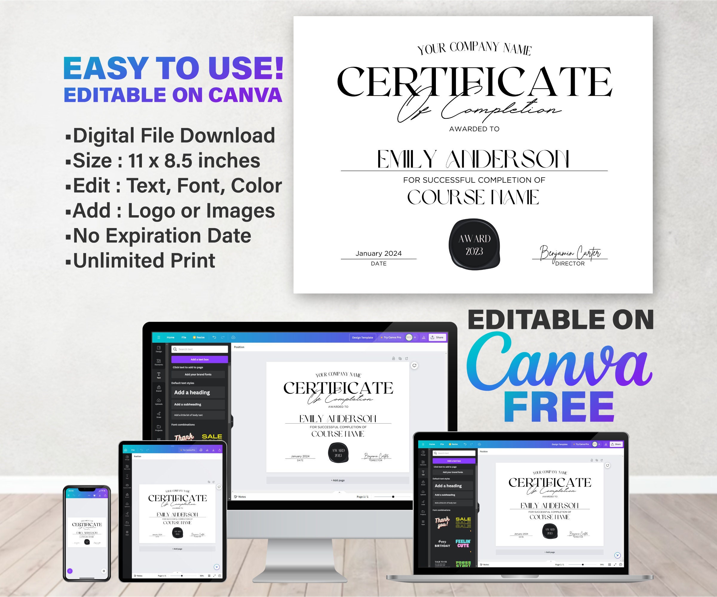 Editable Certificate Template Certificate of Completion - Etsy