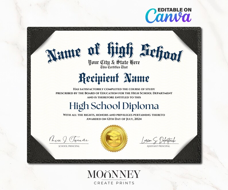 Editable High School Diploma Template: Printable Certificate (digital ...