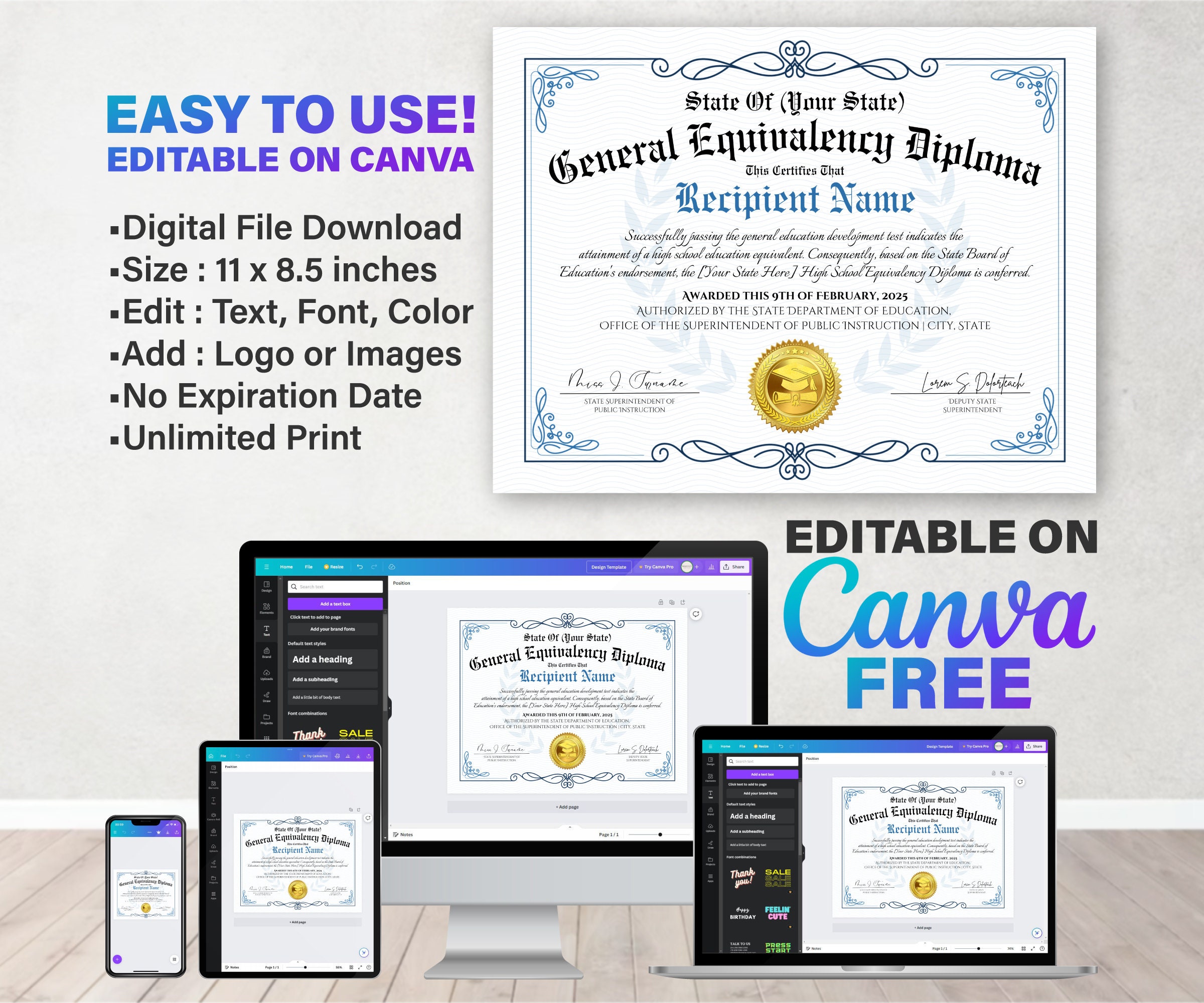 Custom Diploma, Editable Diploma, Ged Diploma, High School, Ged ...