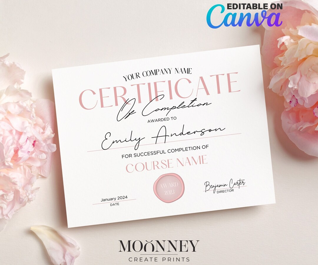 Editable Certificate of Completion Template: Pink Luxury Design (canva ...