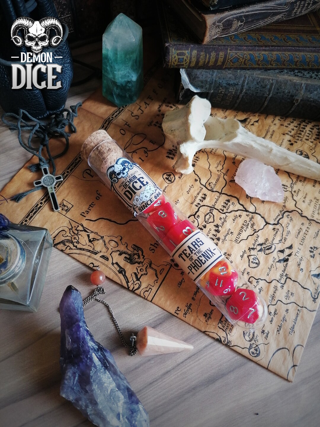 Dnd Demon Dice Vial, Full Set Dnd Dice 7 Piece Tears of the Phoenix - Etsy