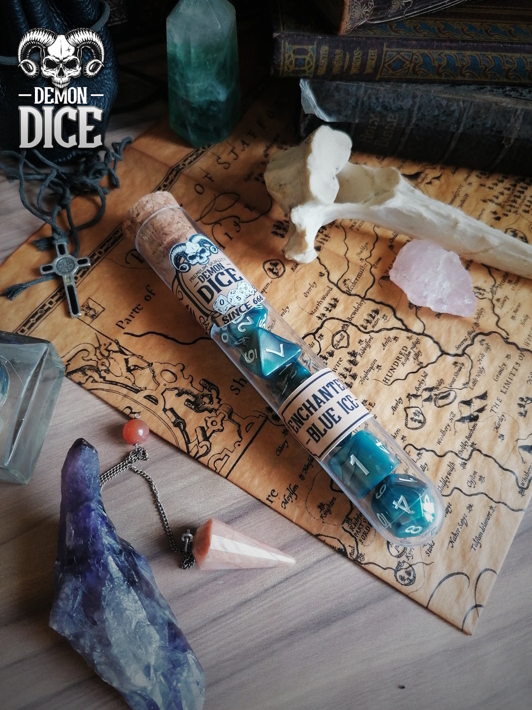 Dnd Demon Dice Vial, Full Set Dnd Dice 7 Piece Enchanted Blue Ice - Etsy UK
