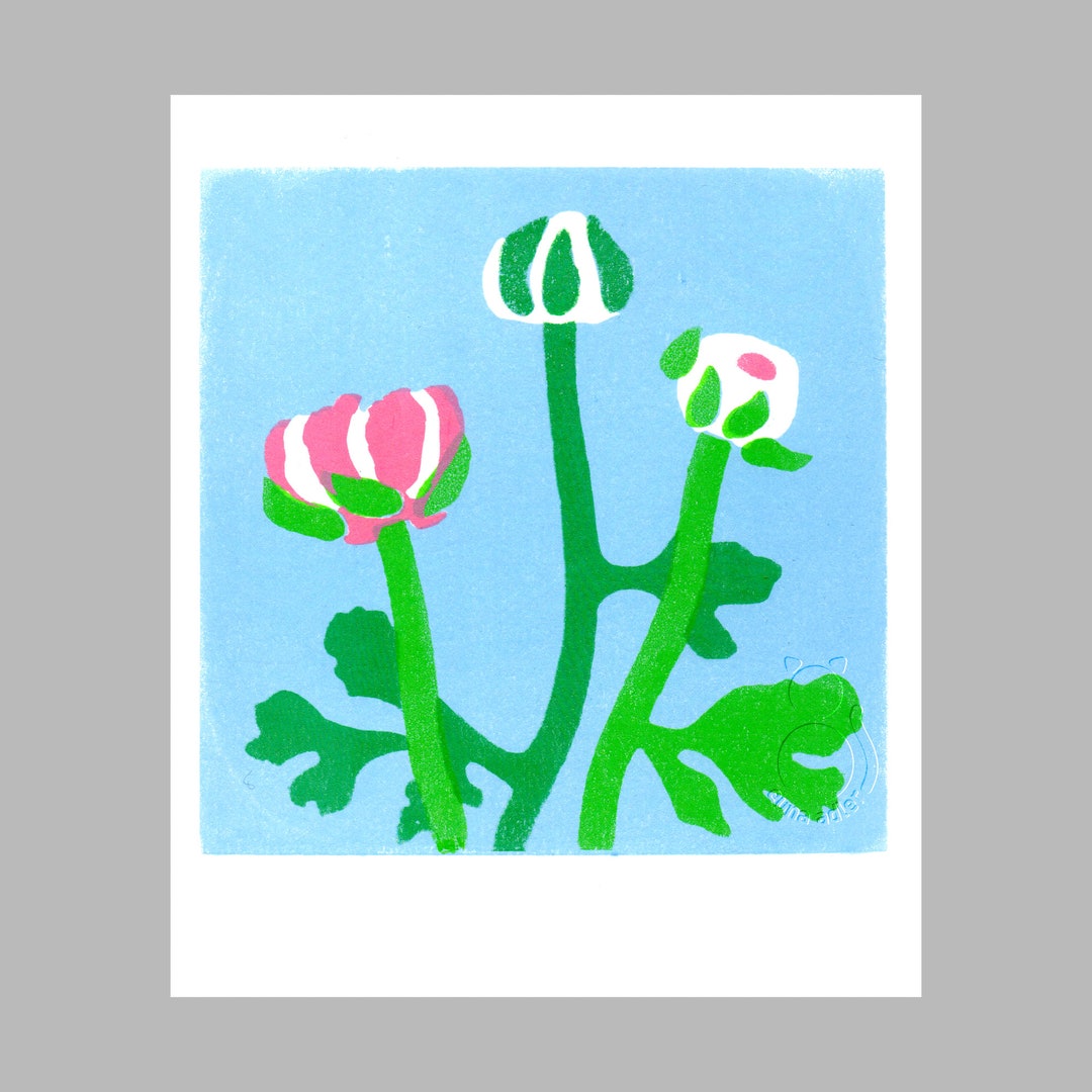 Ranunculus Flower Light Blue Screenprint Flower Art Contemporary Print ...