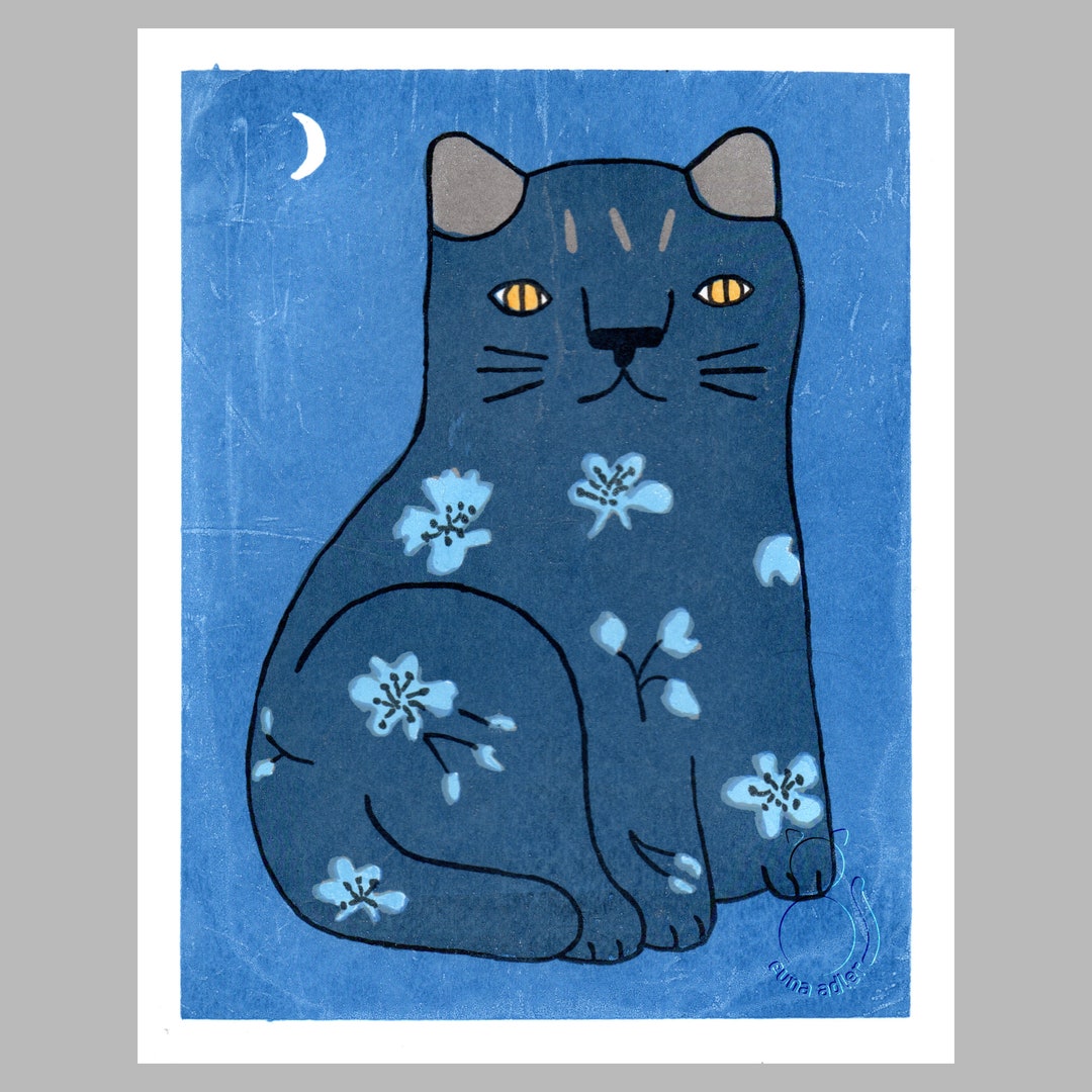 Naive Art Cat Print Night Cat Original Screenprint Cat at Night ...
