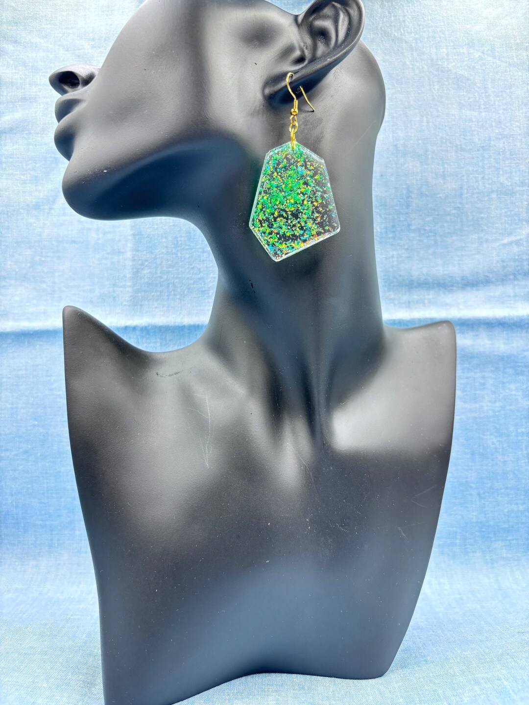 Iridescent Resin Dangly Earrings With Shiny Green Flakes Handmade ...