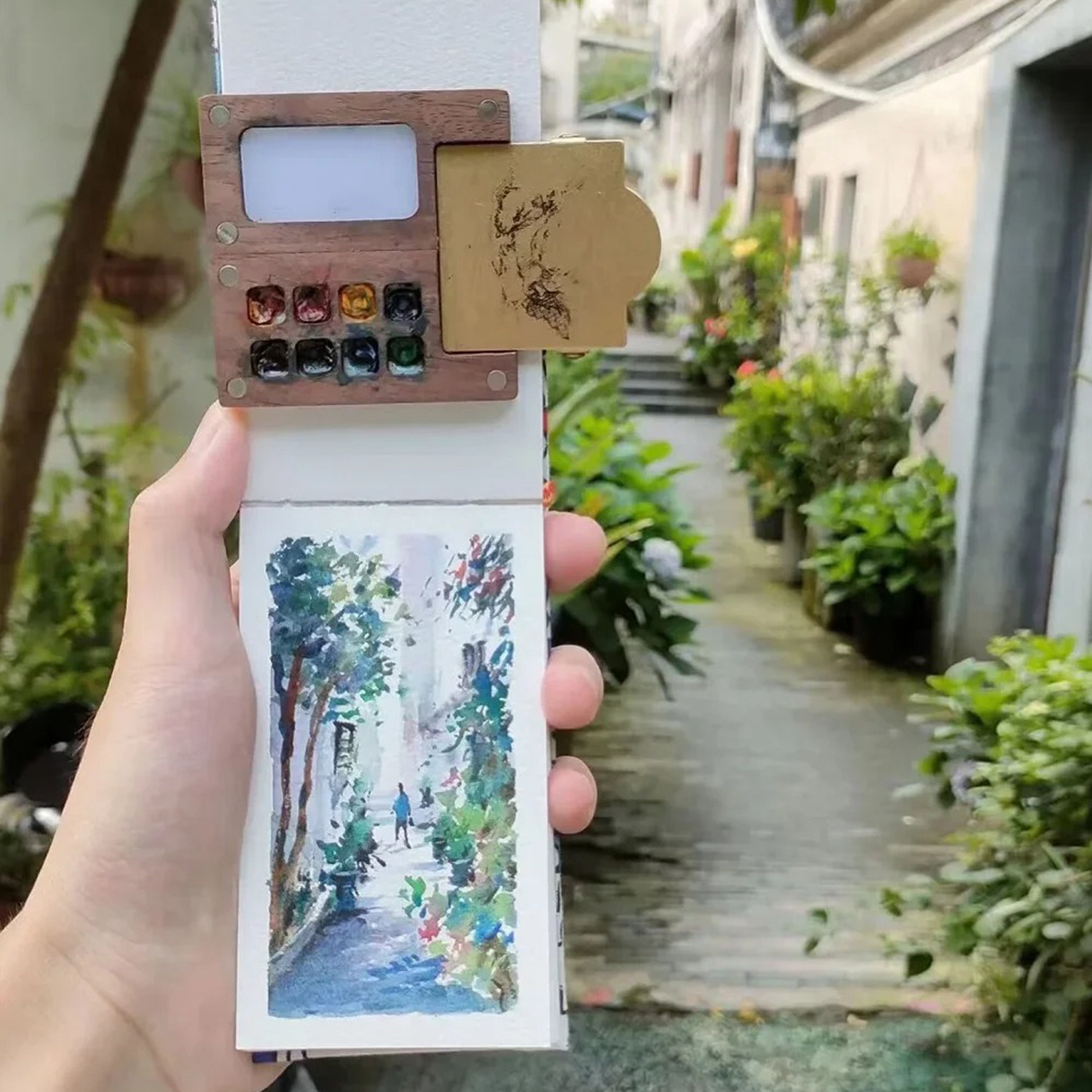 Portable Wooden Handmade Tiny Watercolor Palette, Mini Travel ...