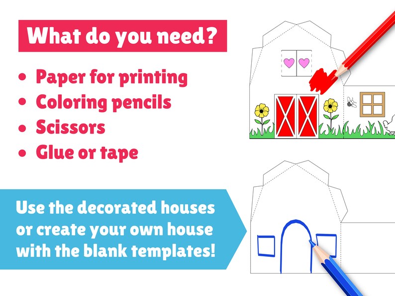Paper Houses Printable Activity Sheets, Paper Craft Kit, Coloring House ...