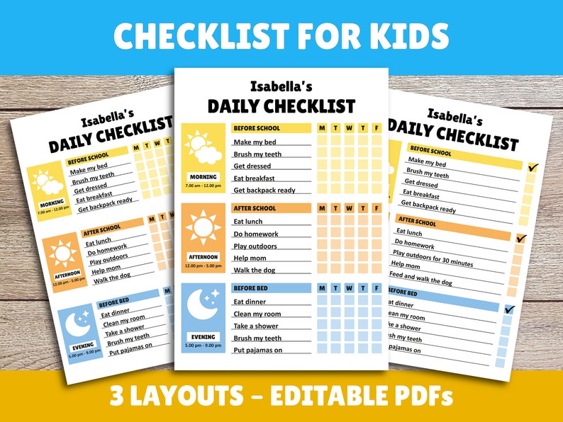 Kids Daily School Checklist Editable Chore Chart Printable Daily ...