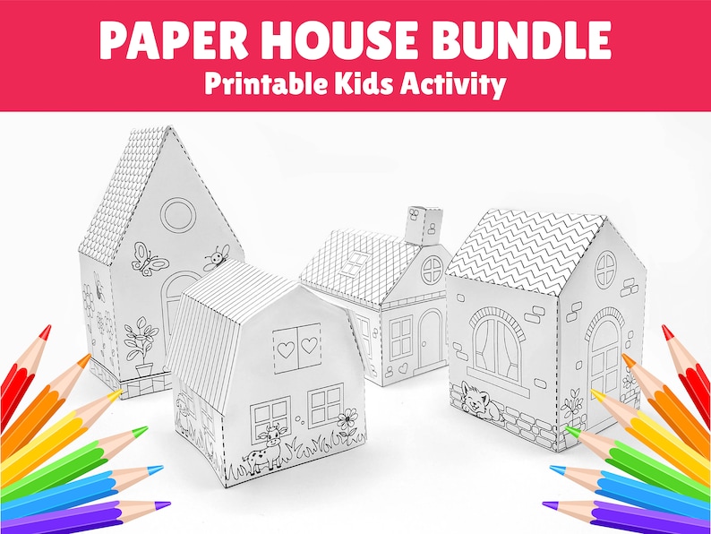 Paper Houses Printable Activity Sheets, Paper Craft Kit, Coloring House ...