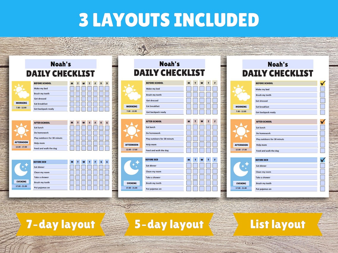 Kids Daily School Checklist Editable Chore Chart Printable Daily ...
