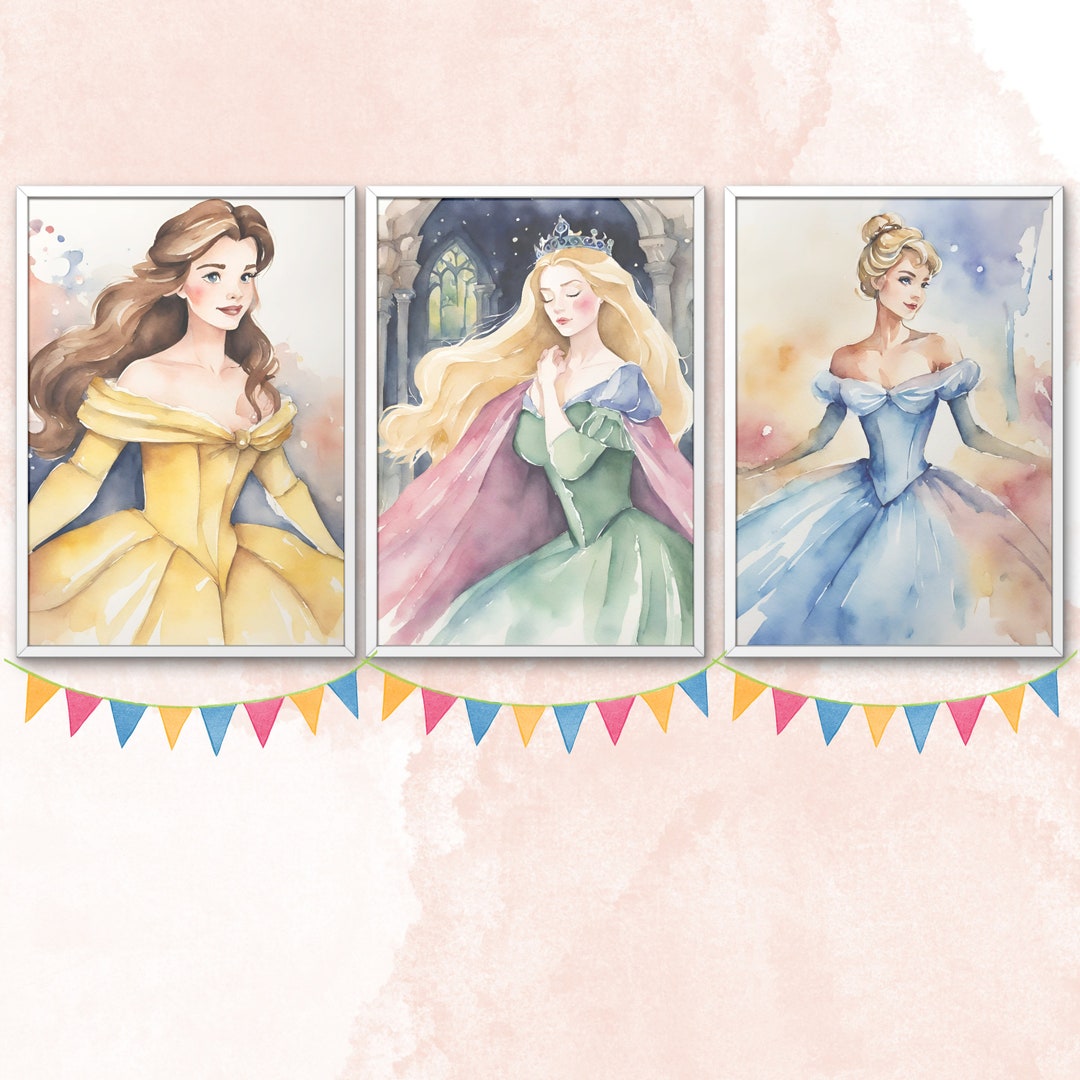 Watercolor Princess Art Prints for Girls Nursery, Hand Drawn Girls ...