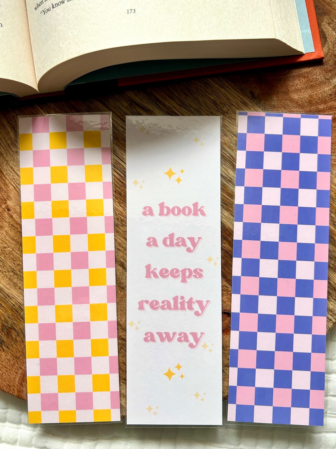 A Book A Day Keeps Reality Away Bookmark Set Bright Checkered Bookmark ...