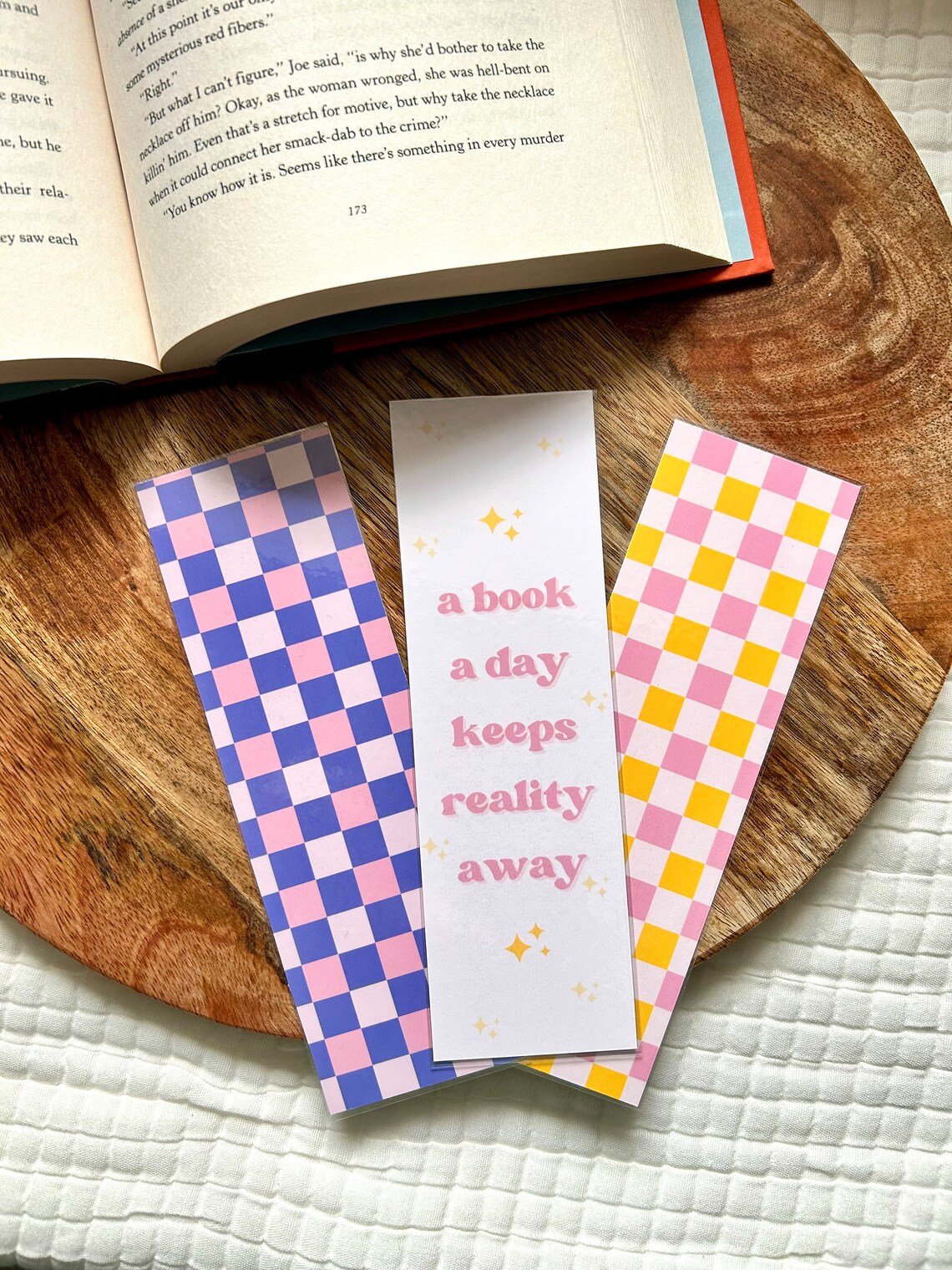 A Book A Day Keeps Reality Away Bookmark Set Bright Checkered Bookmark ...