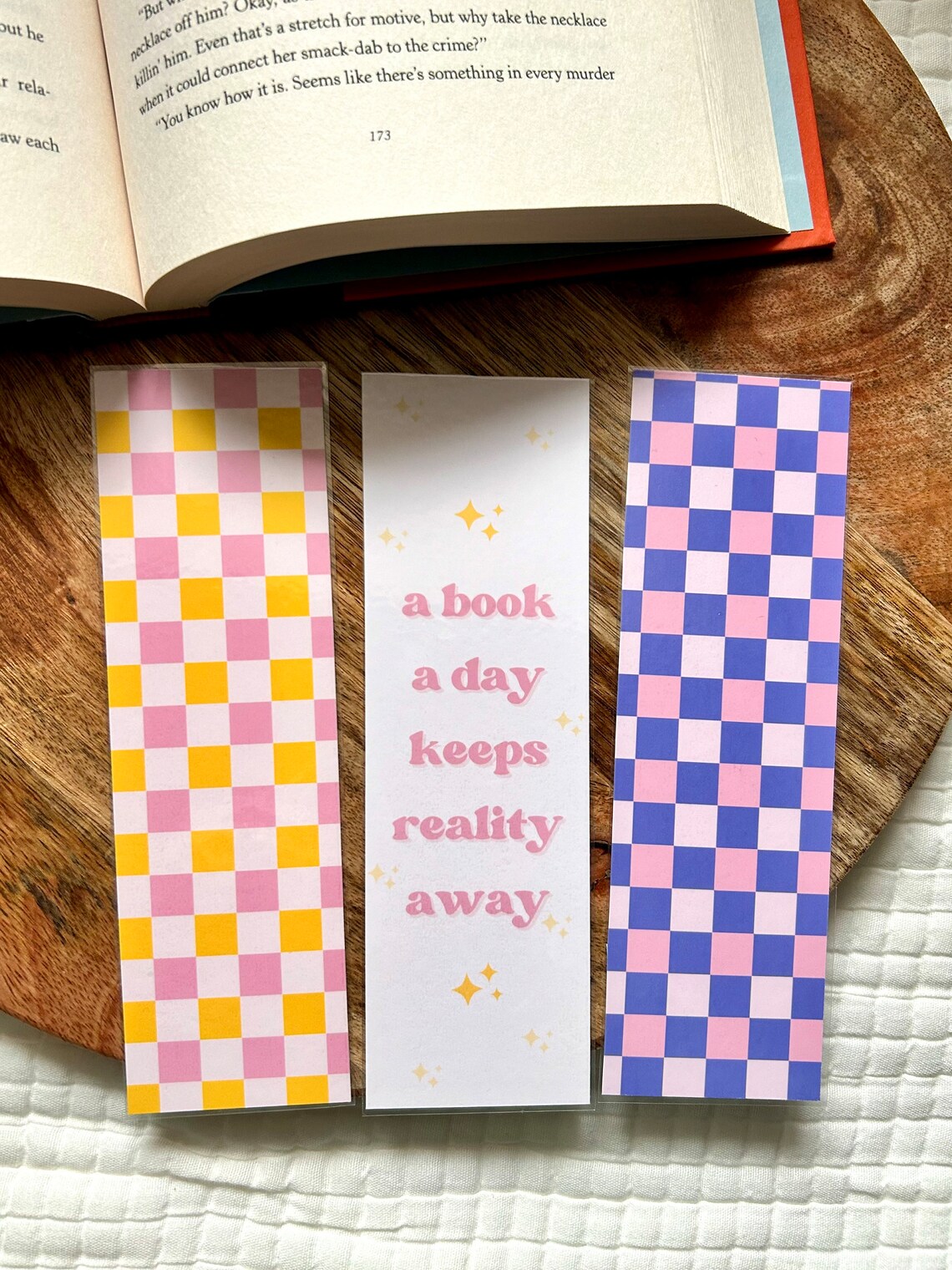 A Book A Day Keeps Reality Away Bookmark Set Bright Checkered Bookmark ...