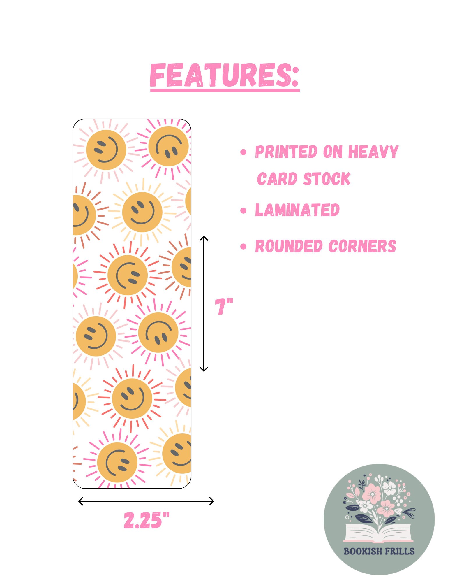 Pink Smiley Bookmark Set Smiley Face Suns Laminated Bookmarks Pink ...