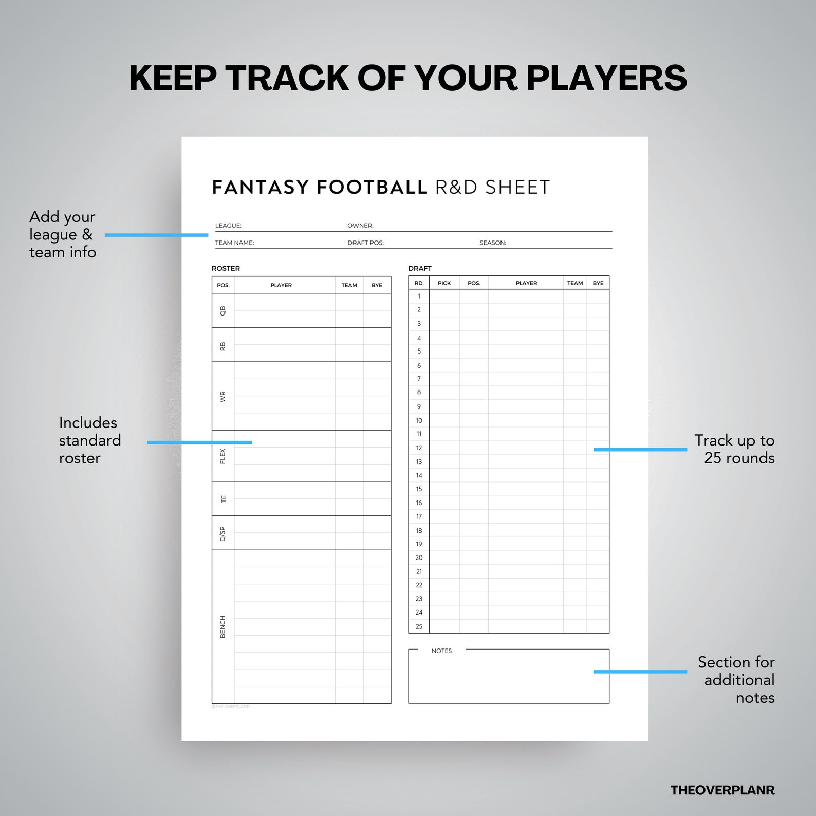 Fantasy Football Draft Kit: Printable Roster & Cheat Sheet (digital ...