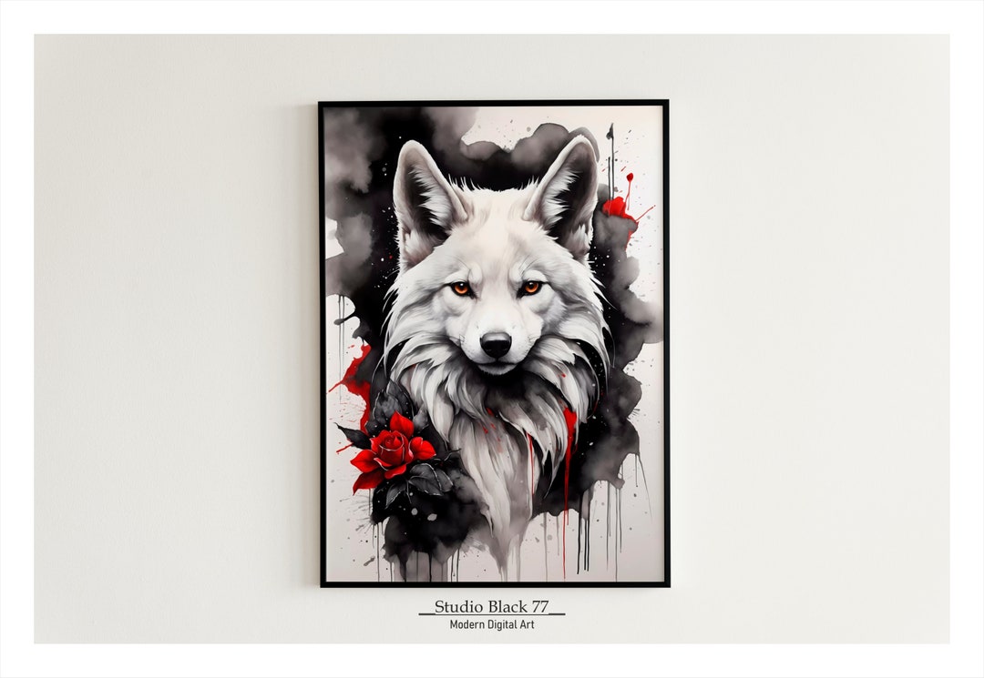 Gothic Art SKOLL Animal White Wolf Roses Painting PRINTABLE Art Digital ...