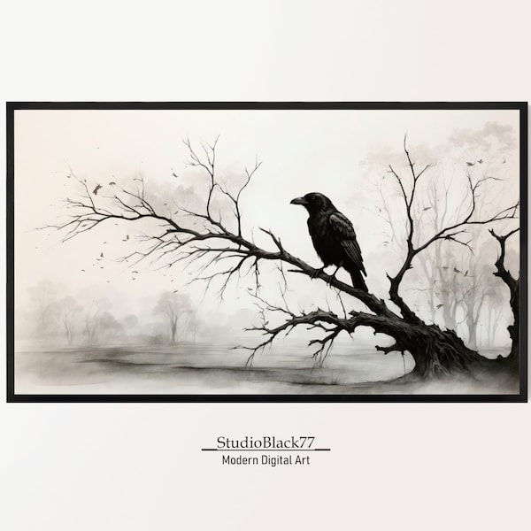 Gothic Art SHADOW Crow Raven on Branch Painting PRINTABLE Art Digital ...