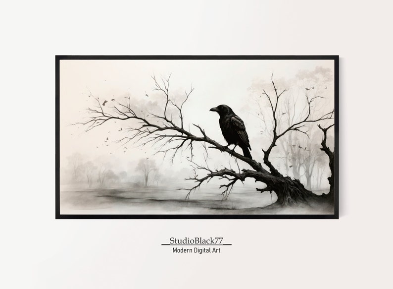 Gothic Art SHADOW Crow Raven on Branch Painting PRINTABLE Art | Digital ...