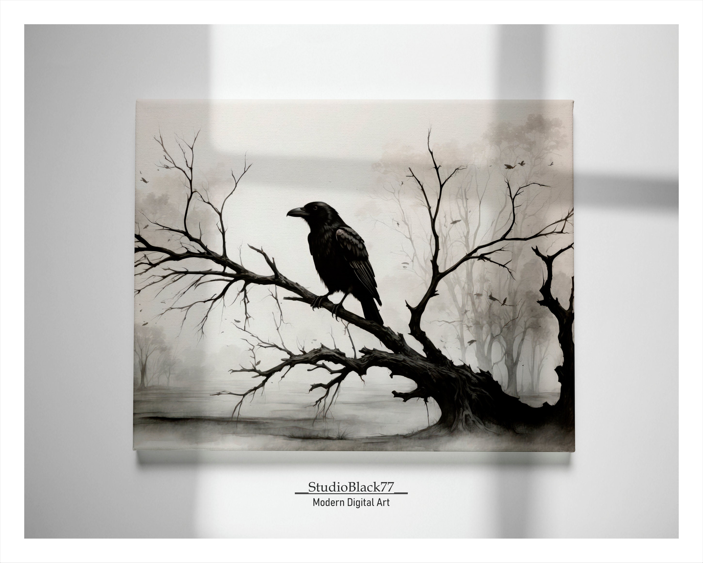 Gothic Art SHADOW Crow Raven on Branch Painting PRINTABLE Art Digital ...