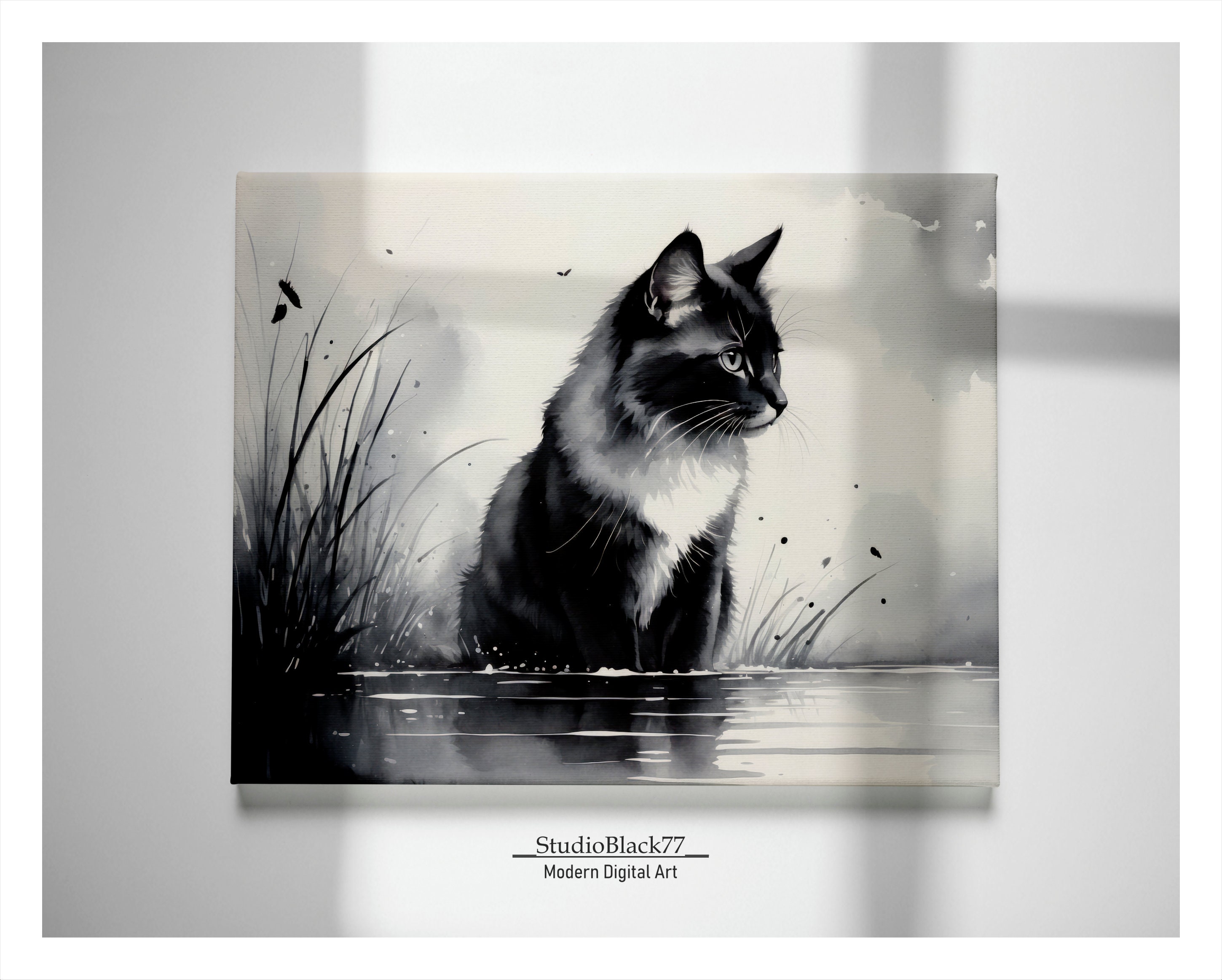 Modern Art CHARLIE Animal Cat Black and White Painting PRINTABLE Art ...