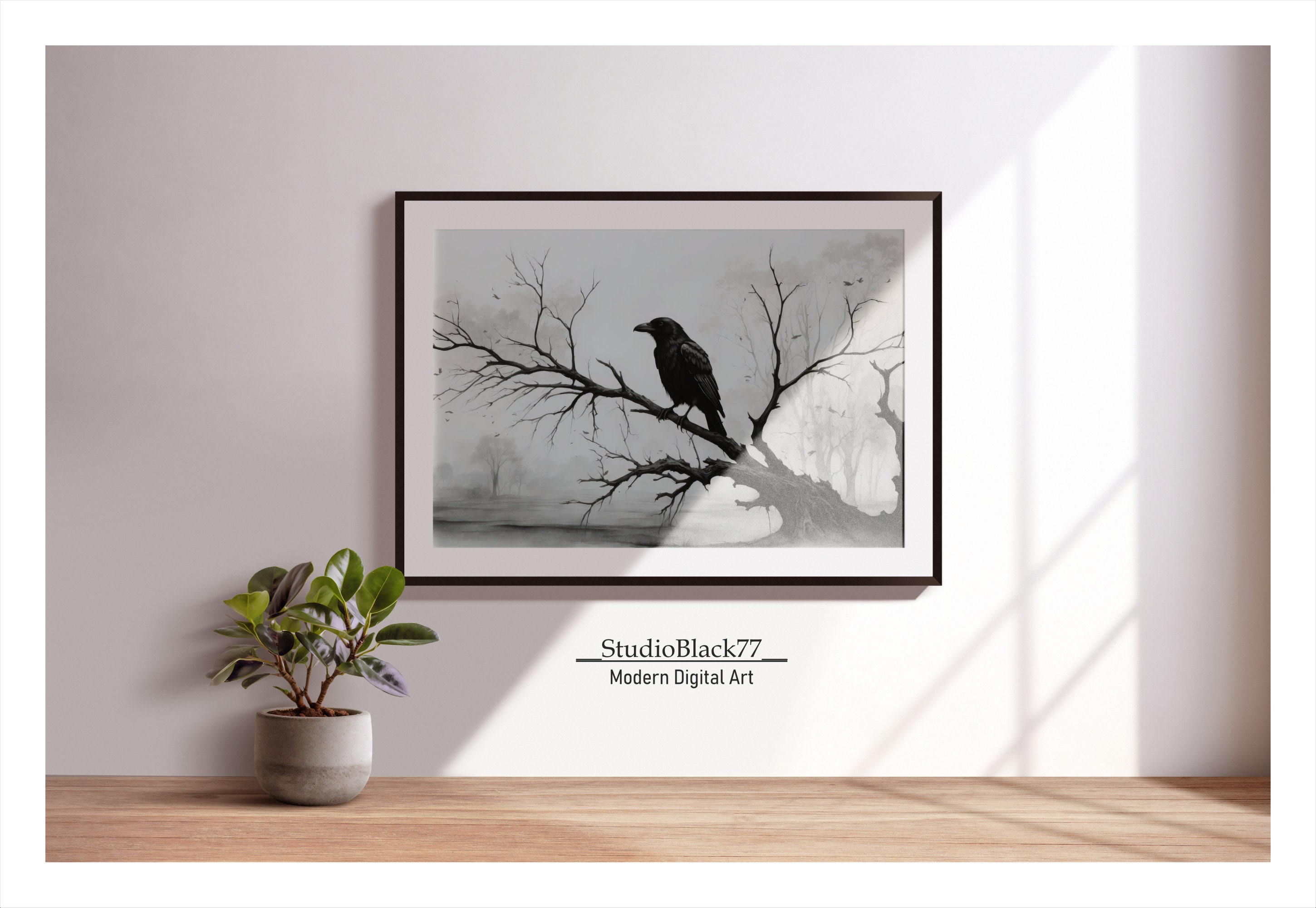 Gothic Art SHADOW Crow Raven on Branch Painting PRINTABLE Art | Digital ...