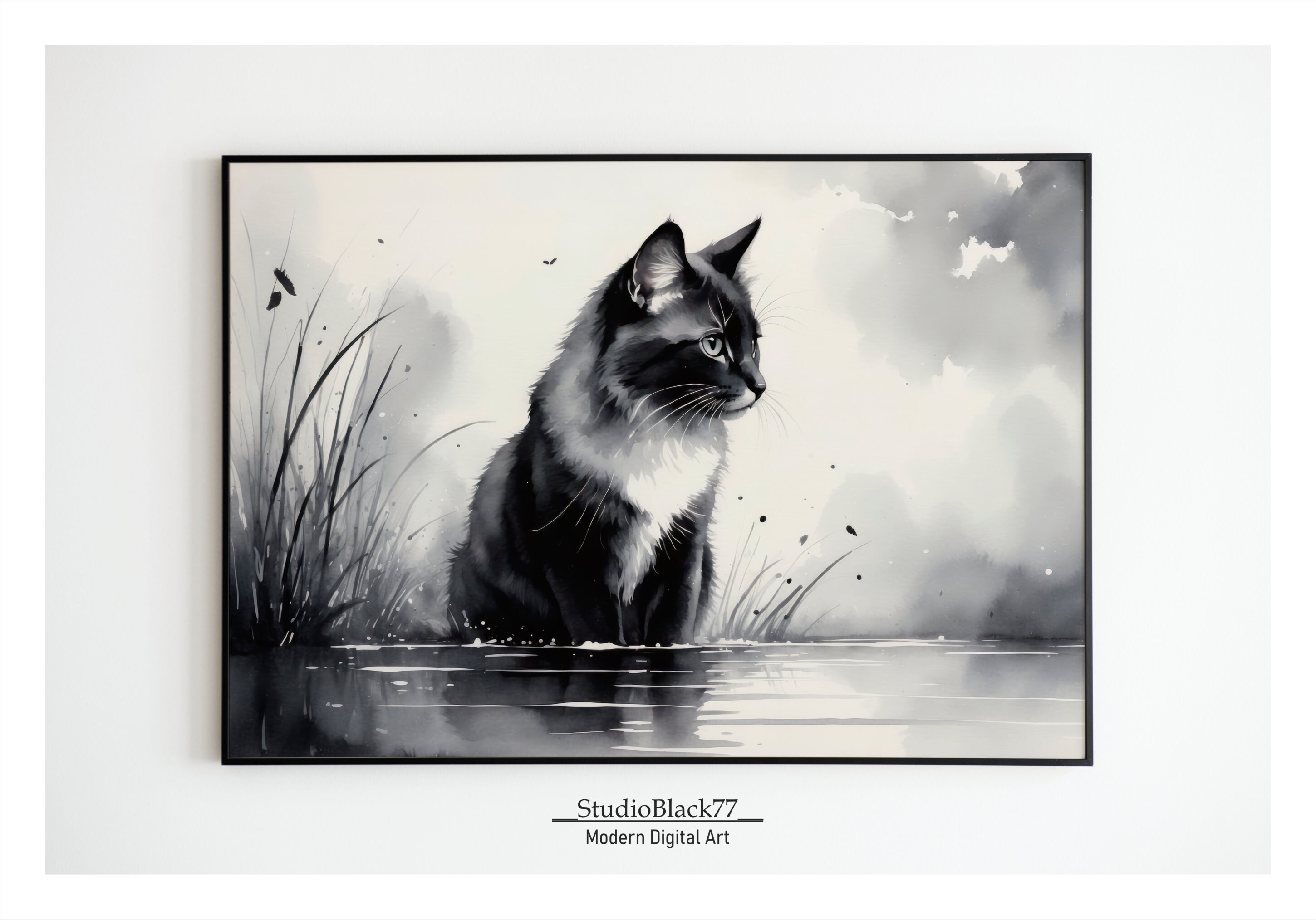 Modern Art CHARLIE Animal Cat Black and White Painting PRINTABLE Art ...