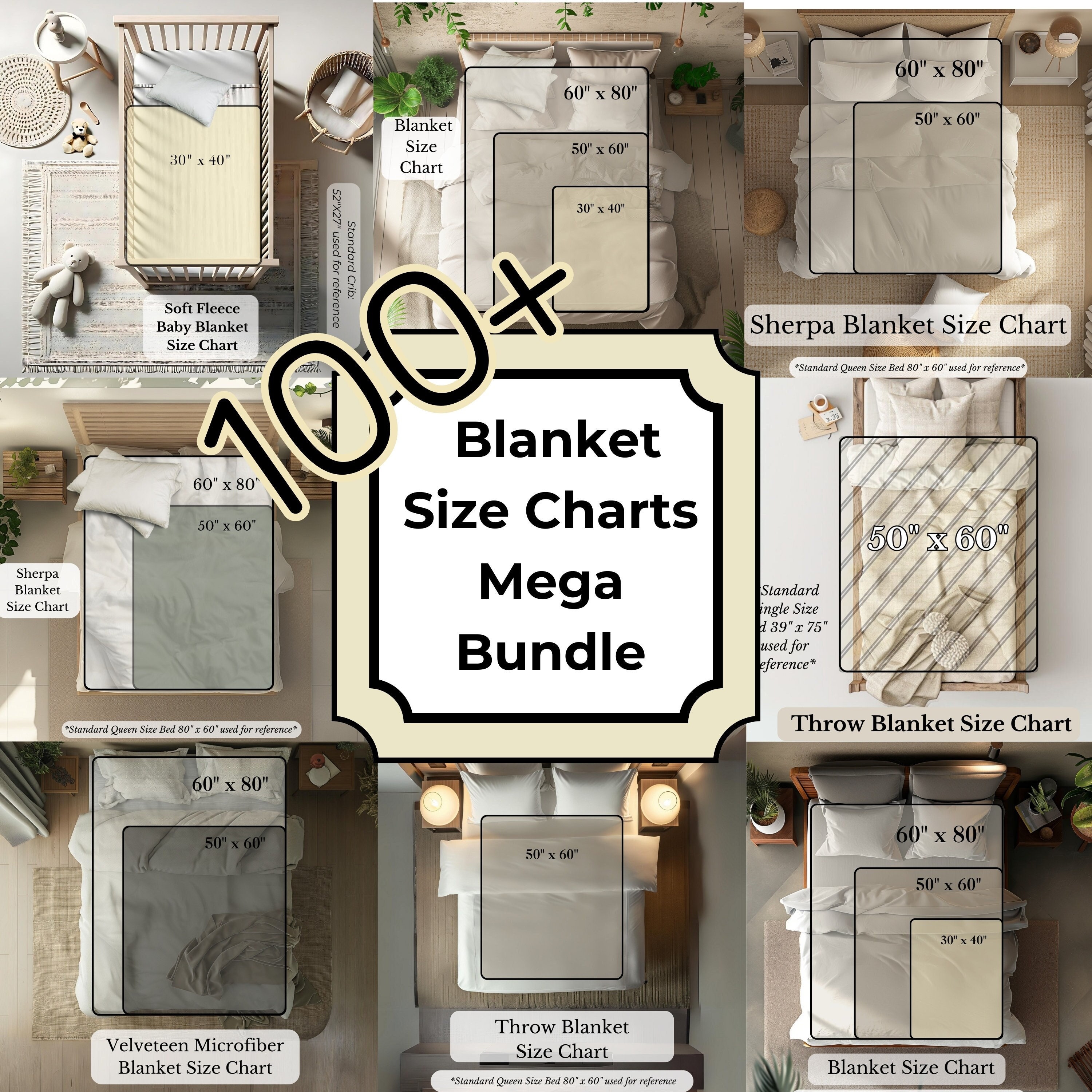Mega Bundle Size Chart Guide for Blanket Sizing, Throw Blanket Size ...