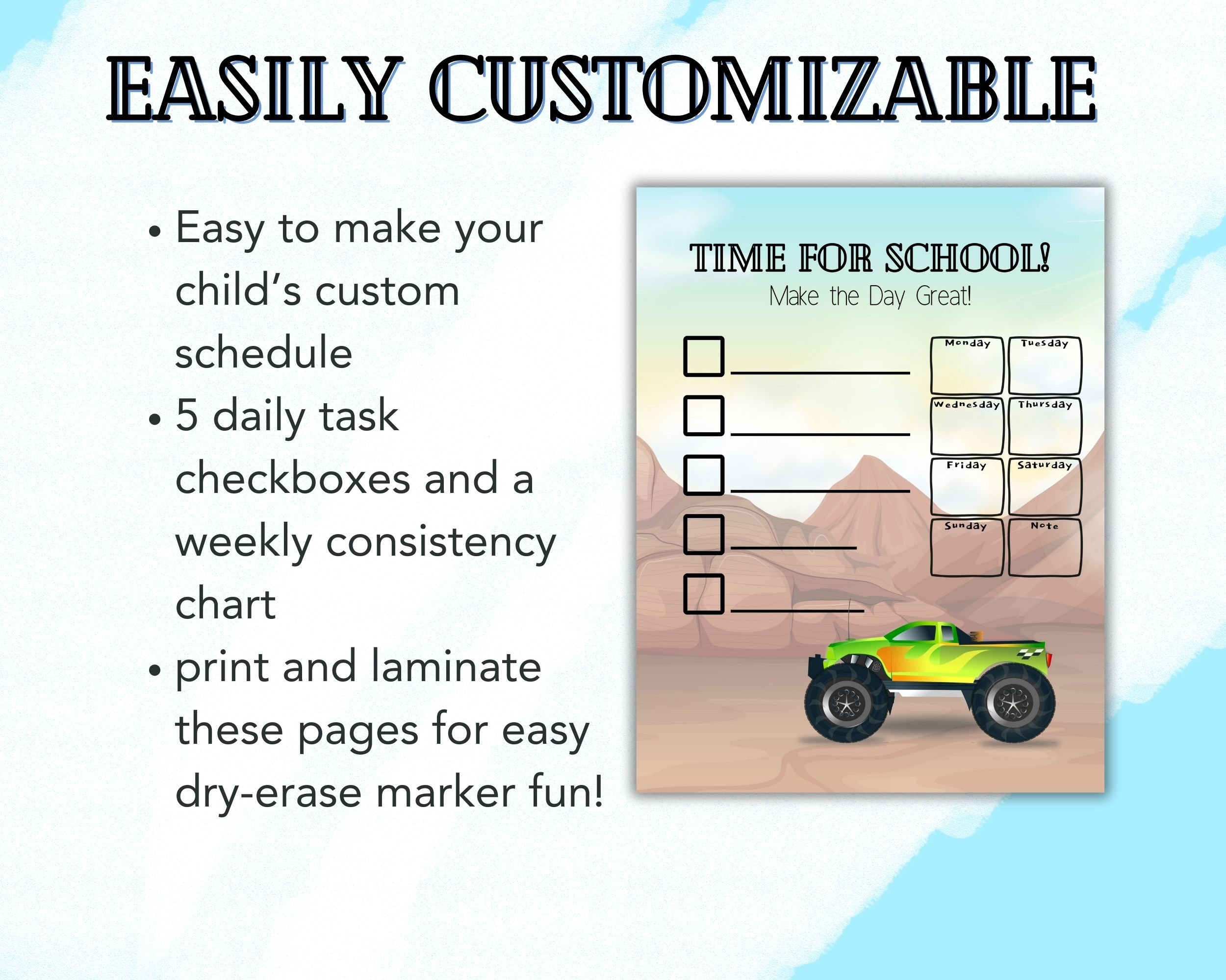Cute Monster-truck-themed Daily Checklist for Kids Before - Etsy