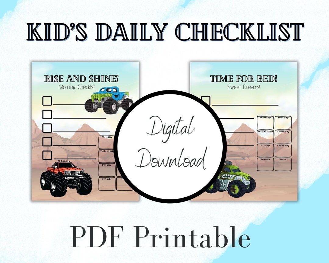 Cute Monster-truck-themed Daily Checklist for Kids | Before School Kid ...