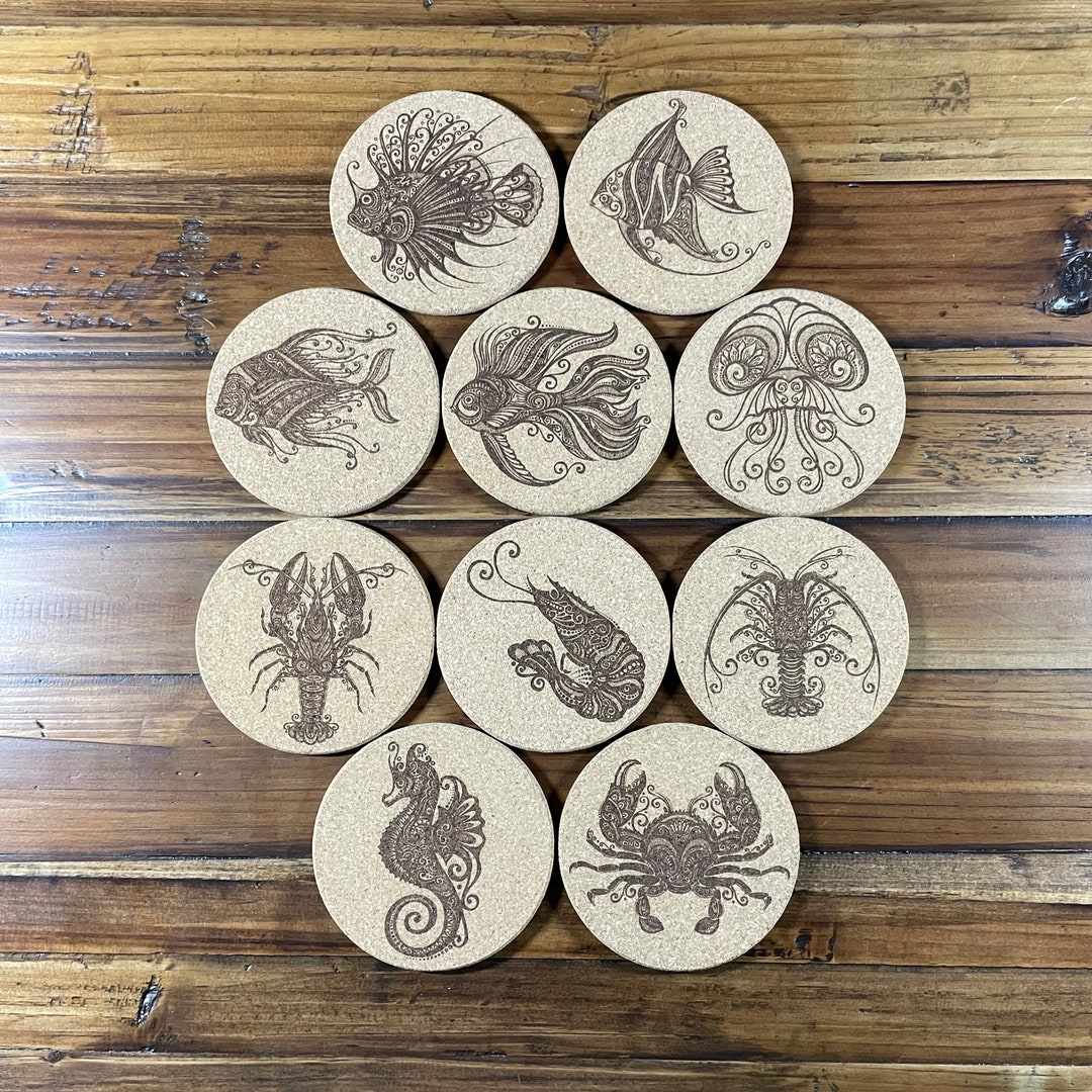 Sea Animal Life Laser Engraved Cork Coasters - Etsy