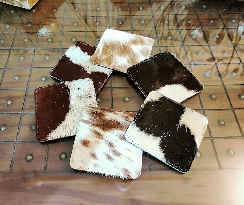 Handcrafted Real Cowhide Leather Coaster Set / Cowhide Coaster Set ...