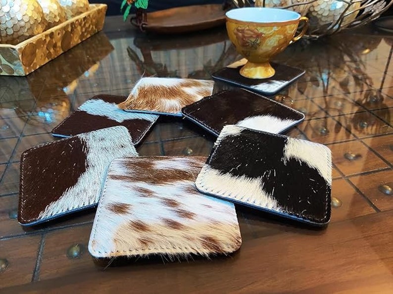Handcrafted Real Cowhide Leather Coaster Set / Cowhide Coaster Set ...