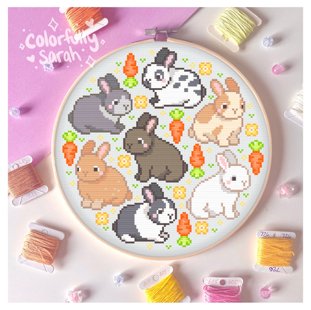 Bunnies Cross Stitch Pattern, Rabbit, Carrot, Pet Bunny, Cute, Flowers ...