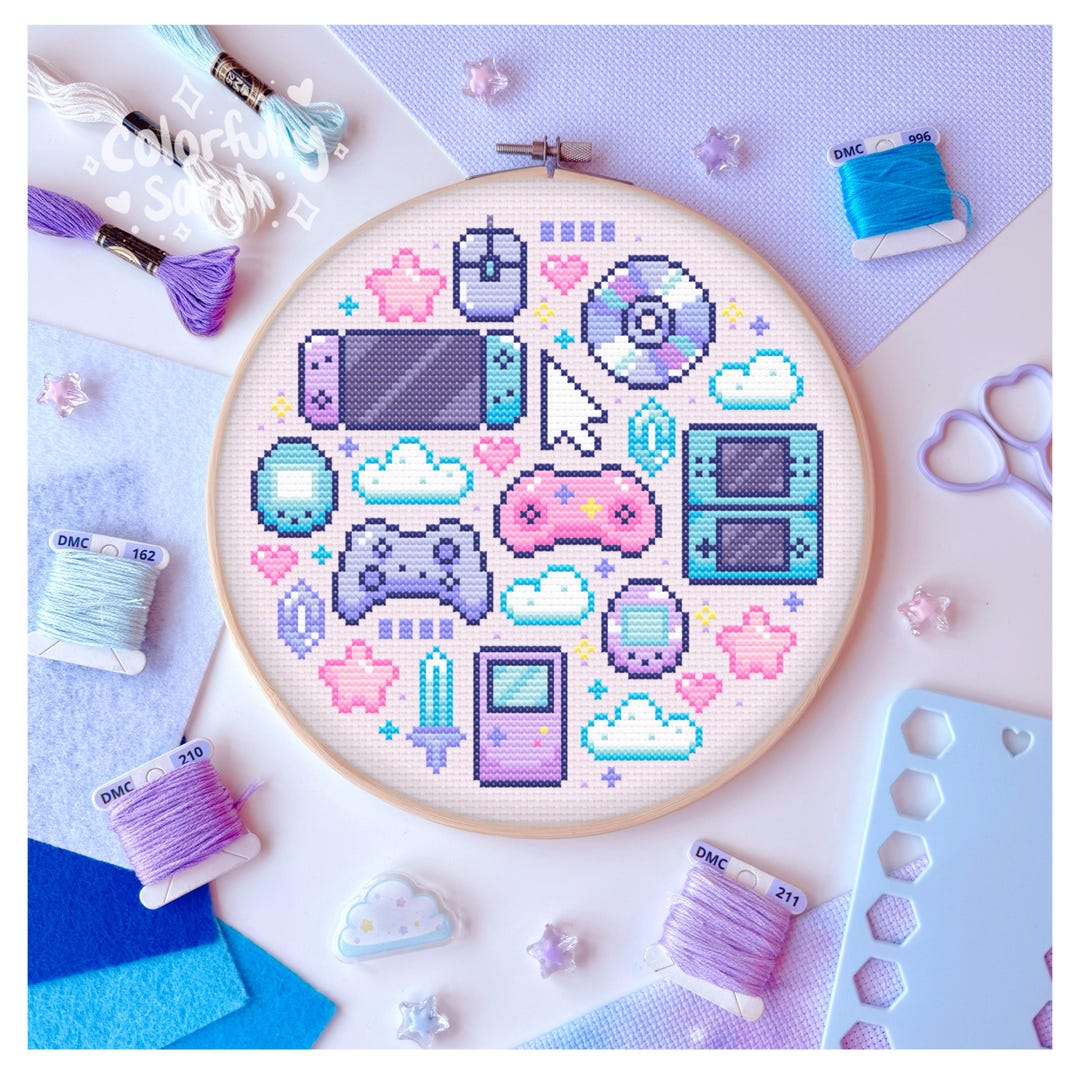 Retro Games Cross Stitch Pattern, Video Games, Cd, Ds, Switch, Pastel ...