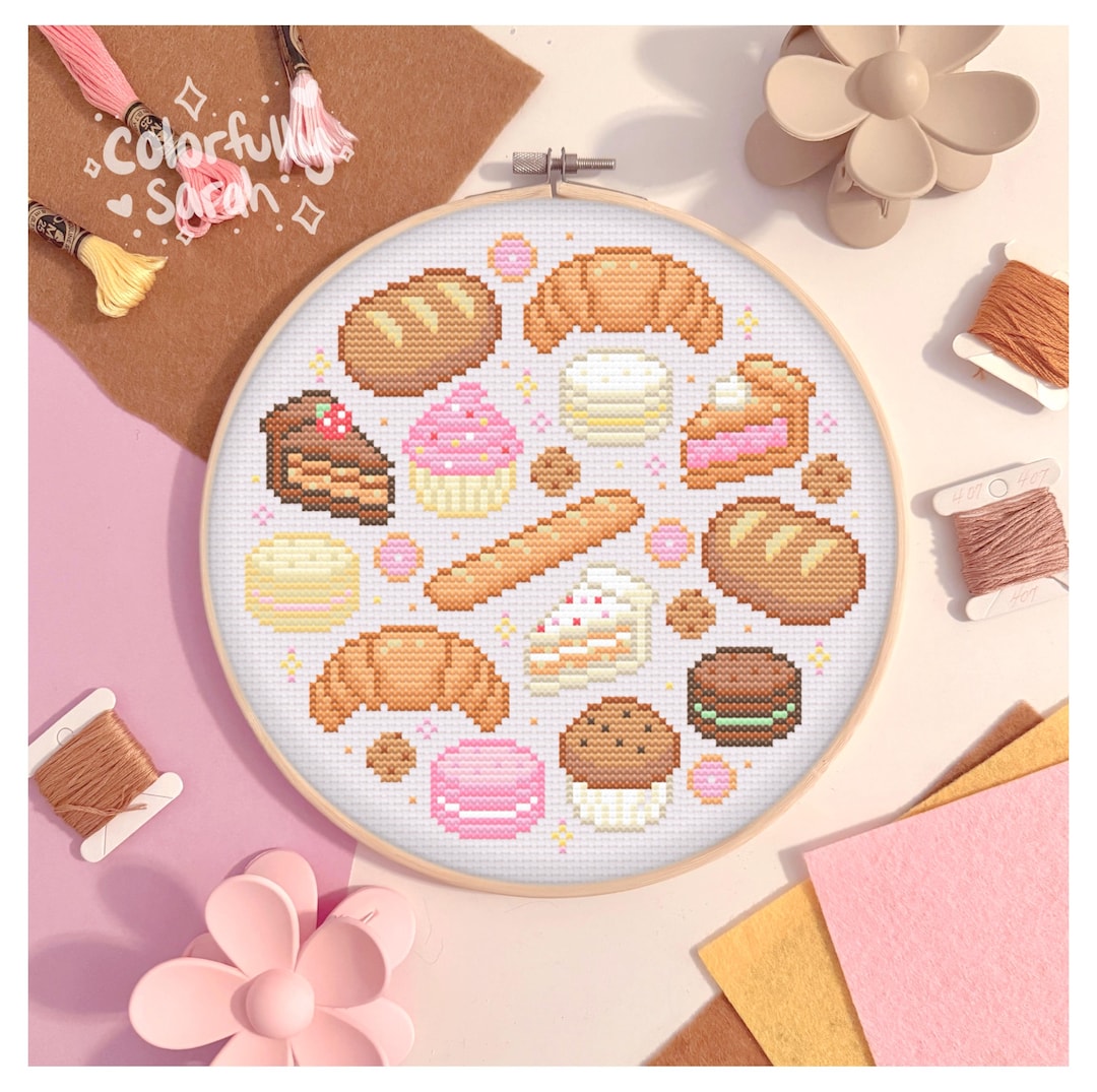 Bakery Treats Cross Stitch Pattern, Kitchen, Bread, Sweets, Croissant ...