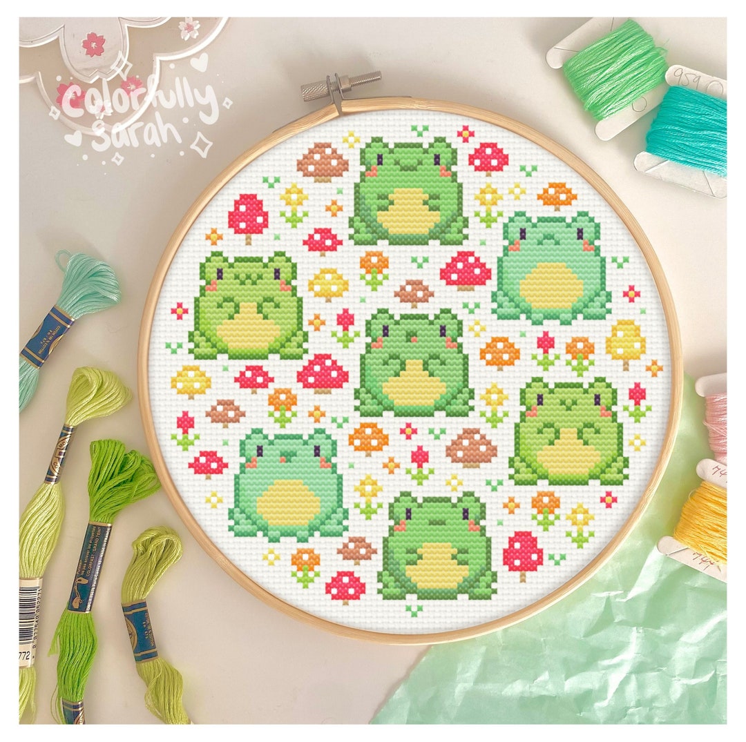 Froggie Flower Forest Cross Stitch Pattern, Mushroom, Frogs, Pastel ...