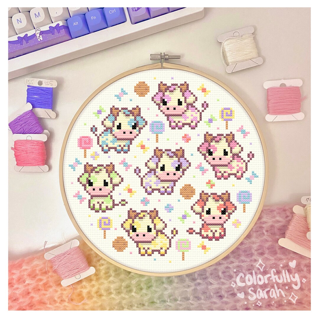 Rainbow Candy Cows Cross Stitch Pattern, Pastel, Strawberry, Kawaii ...