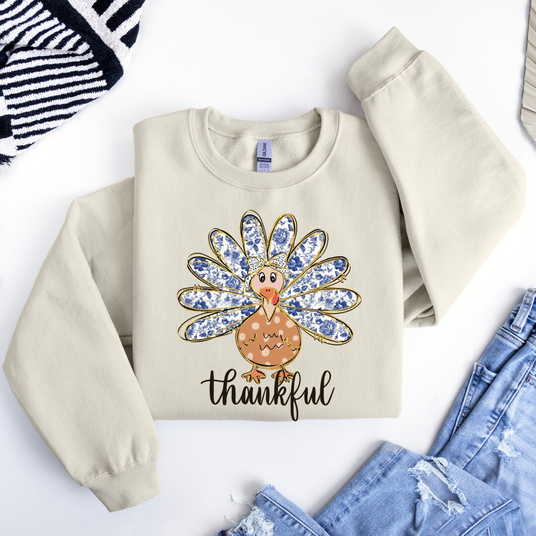 Floral Turkey Sweatshirt, Blue Toile Thanksgiving Sweatshirt, Family ...
